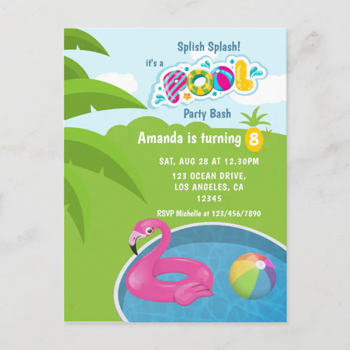 Flamingo Floatie Pool Birthday Party Postcard | Zazzle