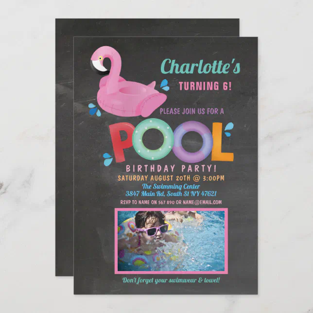 Flamingo Photo Pool Party Birthday Beach Float Invitation | Zazzle