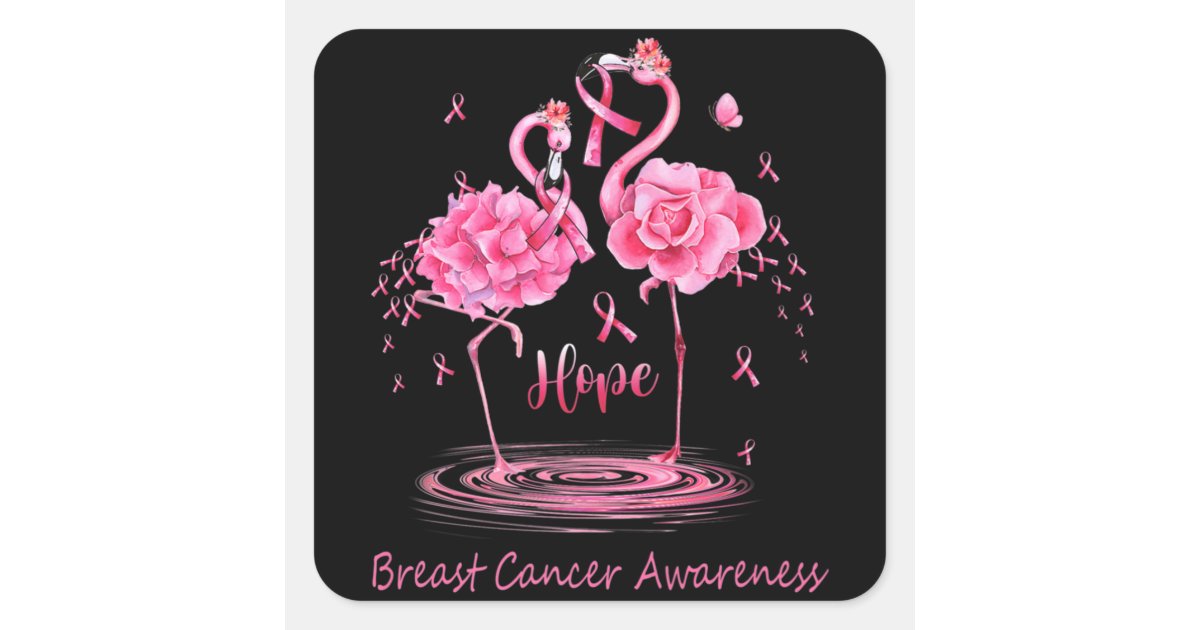 Flamingo Pink Ribbon Butterflies Breast Cancer Awa Square Sticker | Zazzle