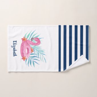 Flamingo Pool Float Navy Blue White Striped Bath Towel Set | Zazzle