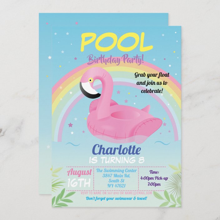 Flamingo Pool Party Birthday Rainbow Beach Float Invitation | Zazzle.com
