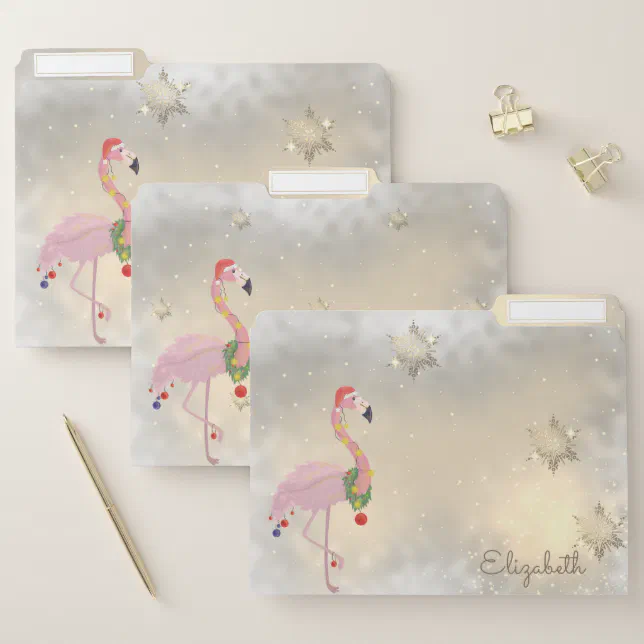 Flamingo Santa Hat, Gold Snowflakes- Personalized File Folder | Zazzle