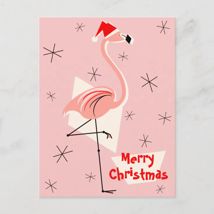 Flamingo Santa Pink Merry Christmas portrait Holiday Postcard | Zazzle