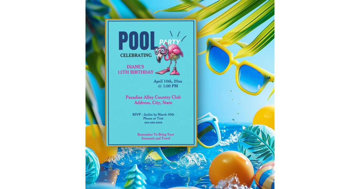 Flamingo Scuba Geer Pool Party Birthday Invitation | Zazzle