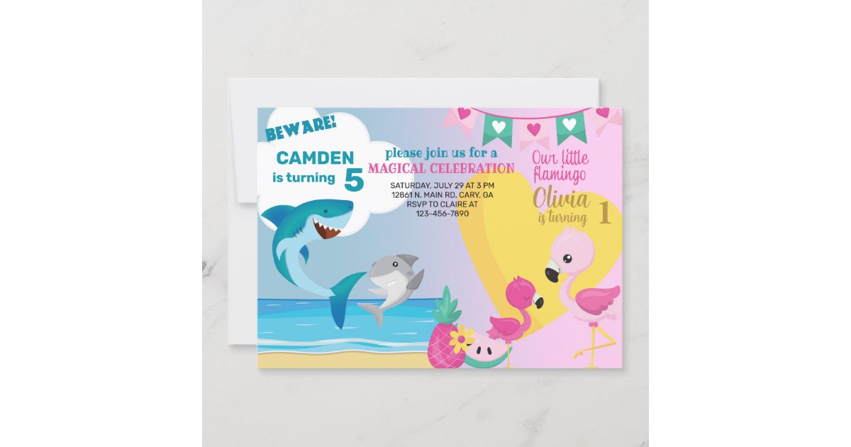 Flamingo & shark siblings birthday invitation. invitation | Zazzle