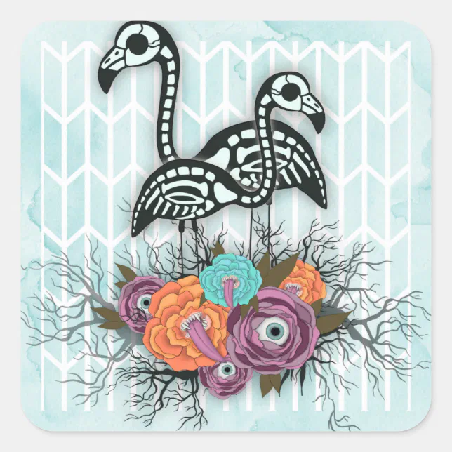 Flamingo Skeleton Halloween Composition Square Sticker | Zazzle