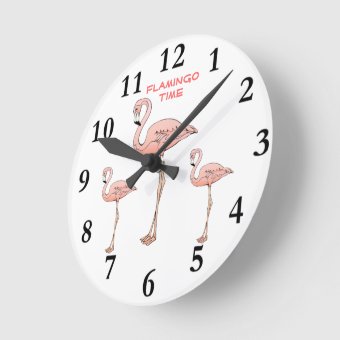 FLAMINGO TIME, 3 Pink Flamingo Birds Round Clock | Zazzle