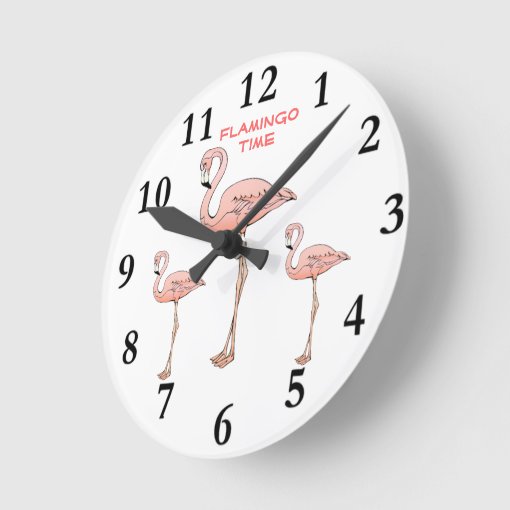 FLAMINGO TIME, 3 Pink Flamingo Birds Round Clock | Zazzle