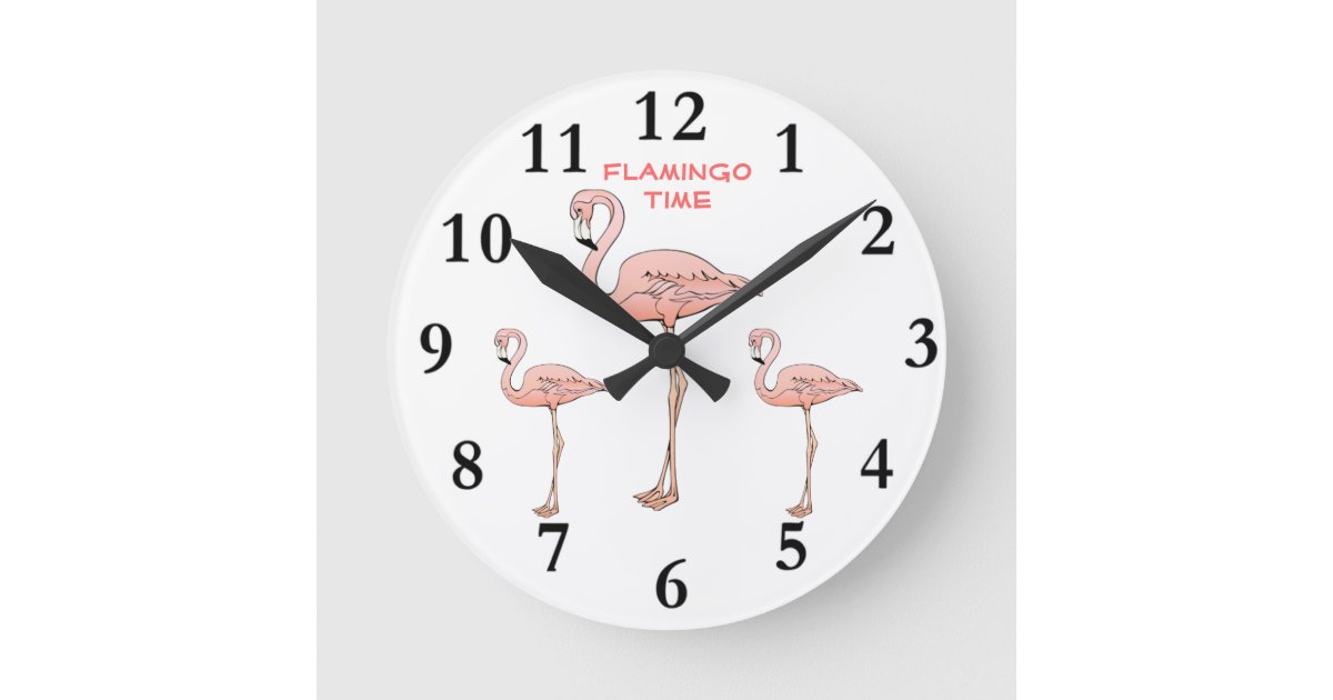 FLAMINGO TIME, 3 Pink Flamingo Birds Round Clock | Zazzle