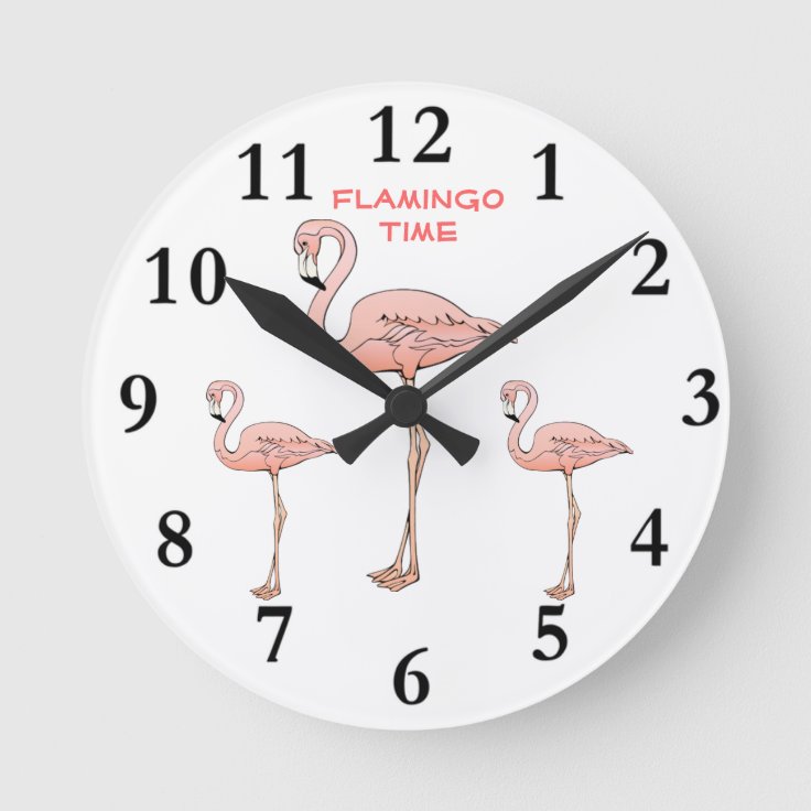 FLAMINGO TIME, 3 Pink Flamingo Birds Round Clock | Zazzle