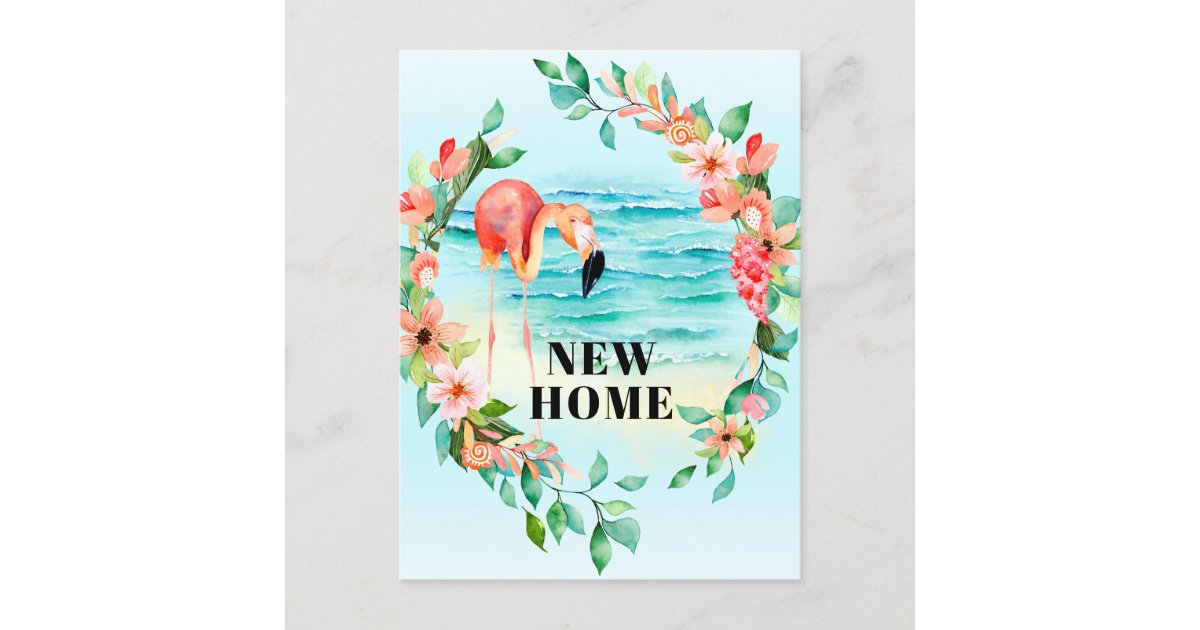 Flamingo Tropical Wreath Beach Scene New Home Announcement Postcard ...