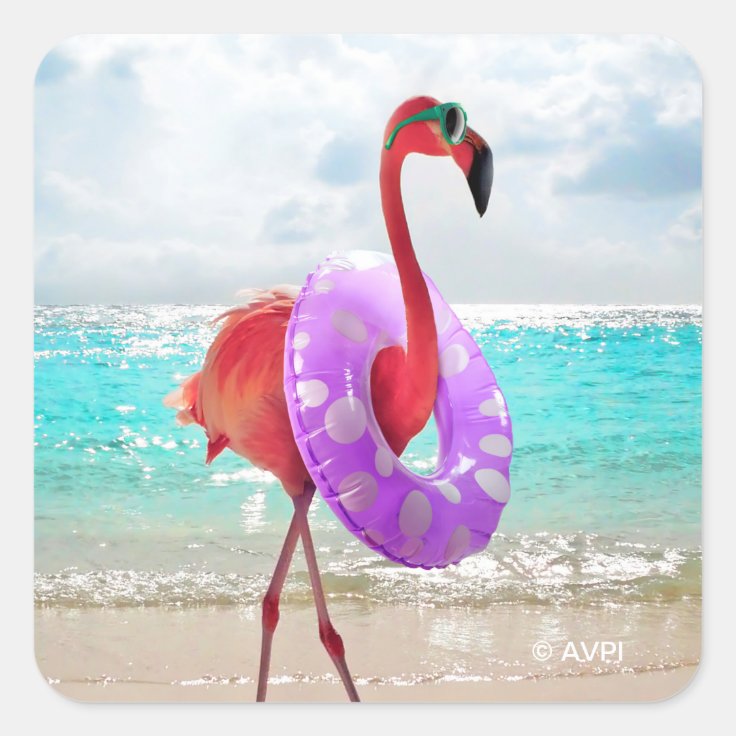 Flamingo With Inner Tube Square Sticker | Zazzle