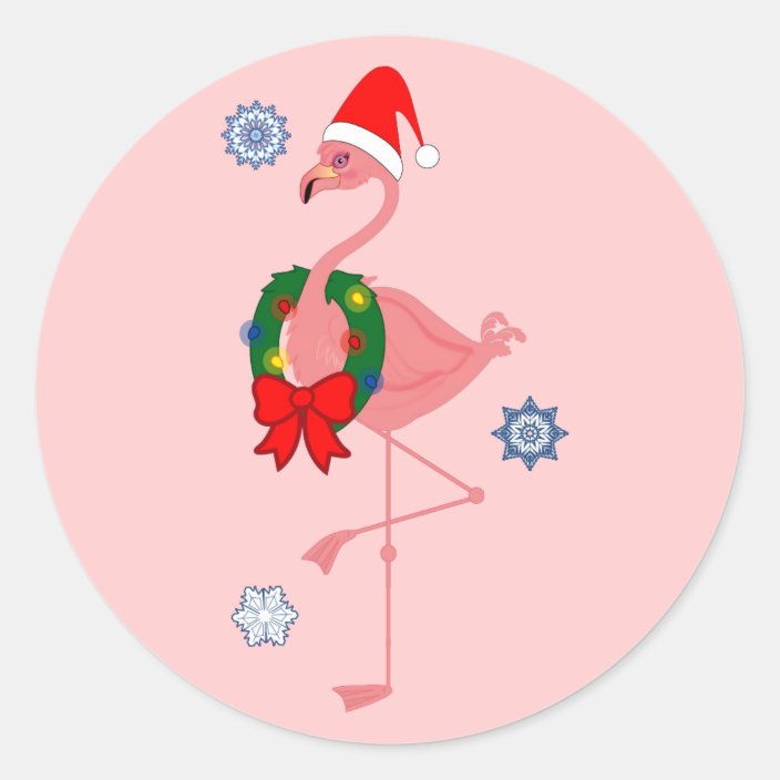 Flamingo with Santa Hat and Wreath Classic Round Sticker | Zazzle.com