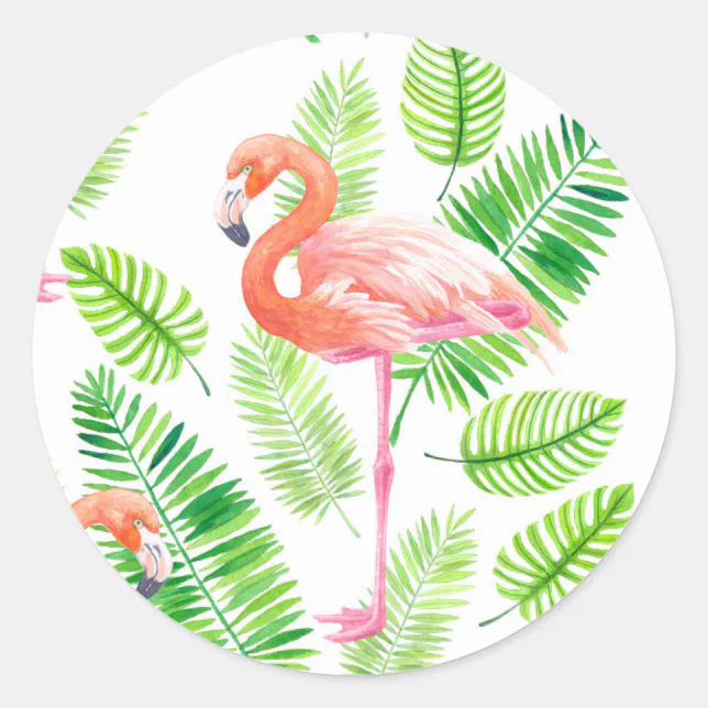 Flamingos and tropical leaves classic round sticker | Zazzle