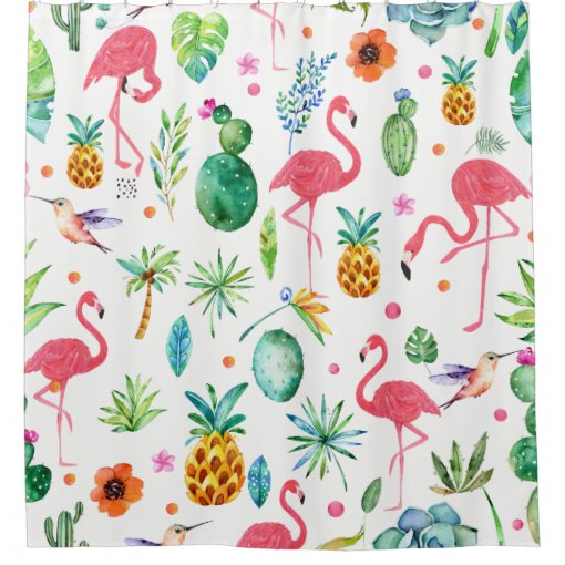 Flamingos Cactus & Pineapple Seamless Pattern Shower Curtain | Zazzle