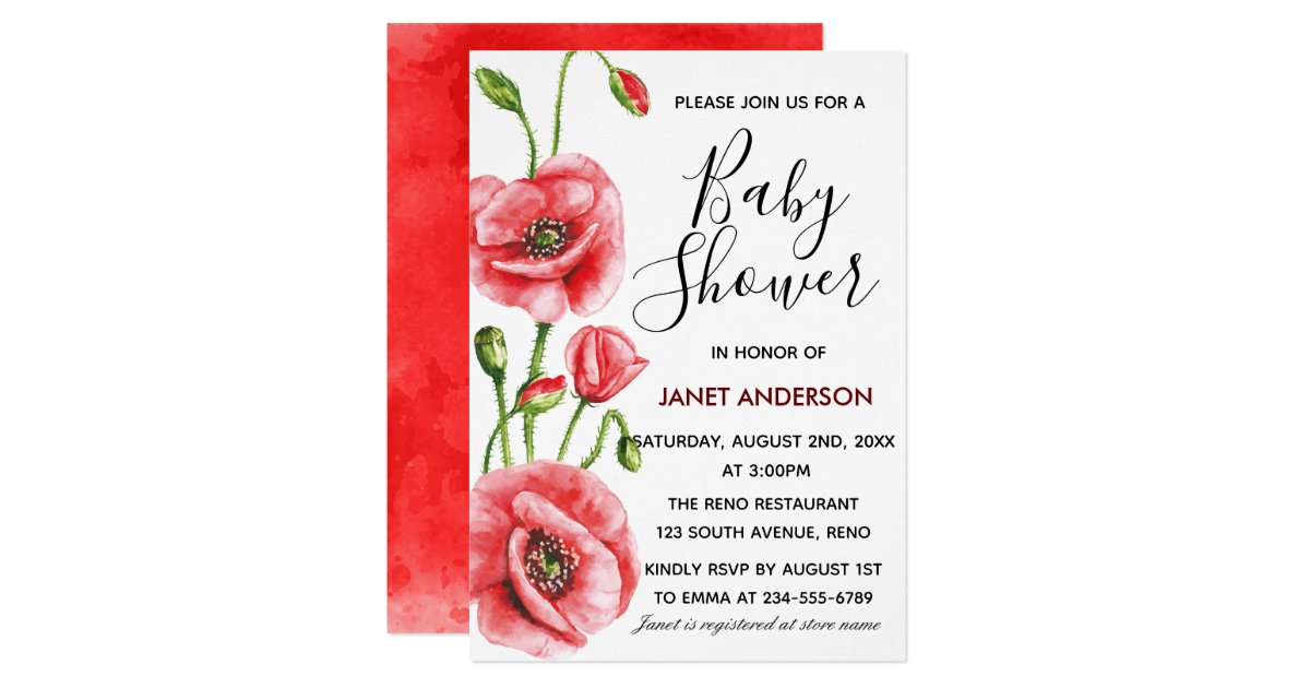 Flanders Poppy Watercolor Baby Shower Invitation | Zazzle.com