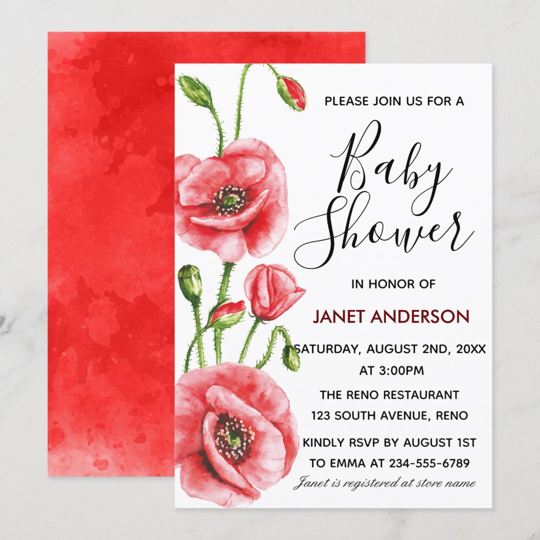Flanders Poppy Watercolor Baby Shower Invitation | Zazzle