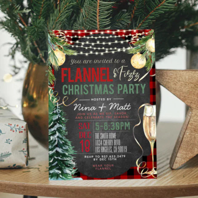 Flannel and Fizz Christmas Party Invitation | Zazzle