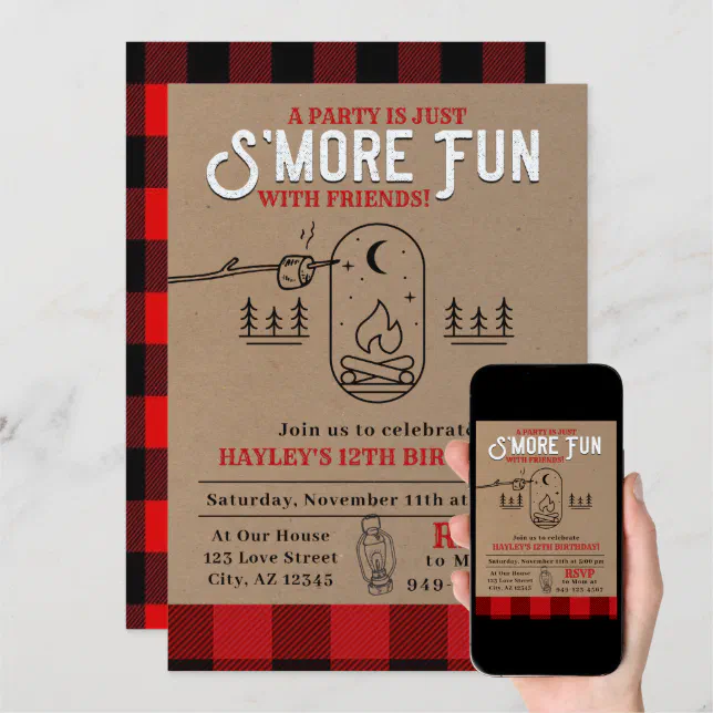 Flannel S'mores Party Buffalo Plaid Birthday Invitation | Zazzle