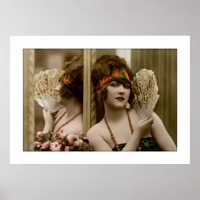 flapper girl with fan and reflection poster | Zazzle