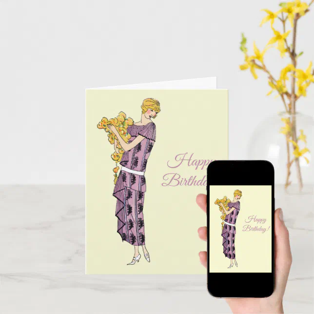 Flapper woman with flower, Happy Birthday Card | Zazzle