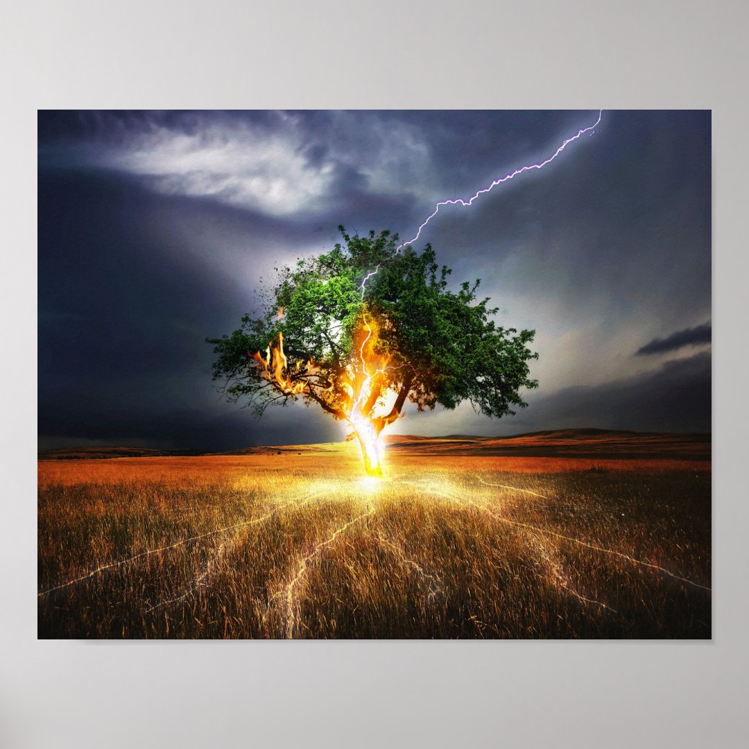flash-845848 FANTASY LIGHTNING STRIKE TREE BACKGRO Poster | Zazzle
