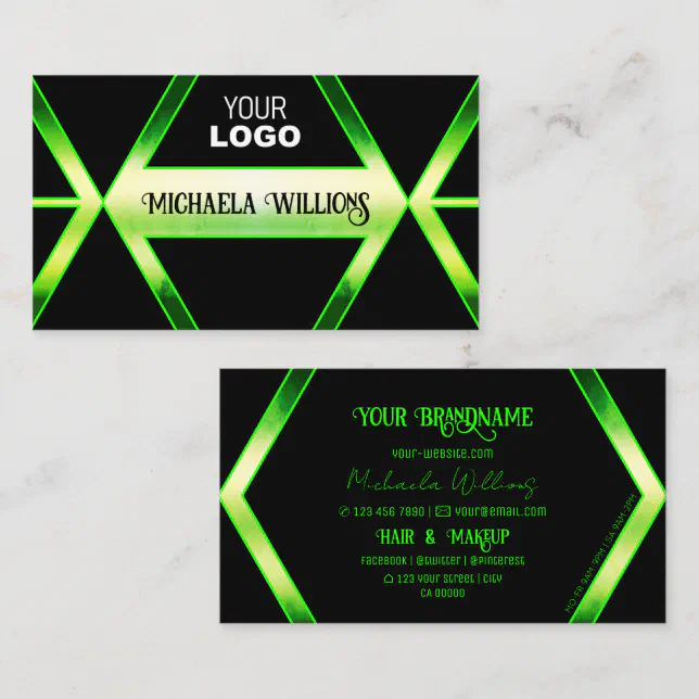 Flashy Black and Shimmery Green with Logo Elegant Business Card | Zazzle
