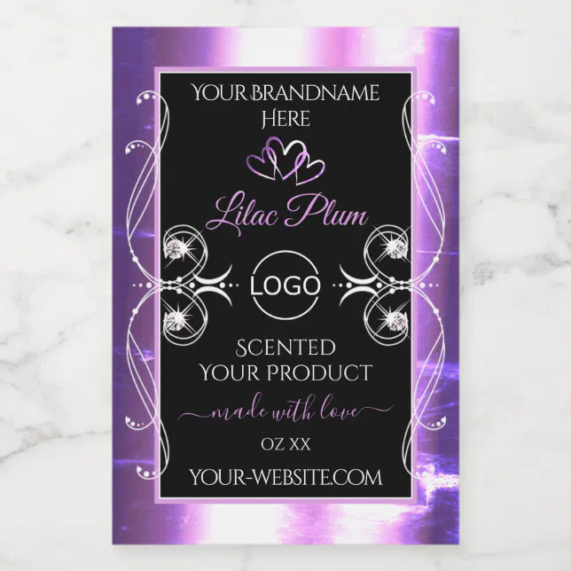 Flashy Light Purple Black Product Labels with Logo | Zazzle