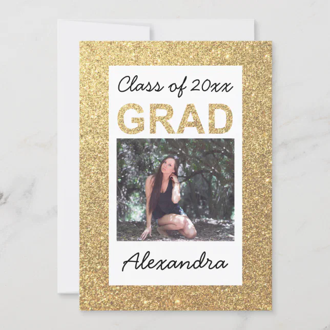 Flat Gold Sparkle Glitter 1 Photo Graduation Invitation | Zazzle