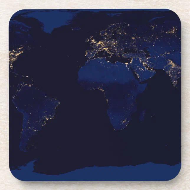 Flat Map Of Earth Showing City Lights Of World Beverage Coaster | Zazzle