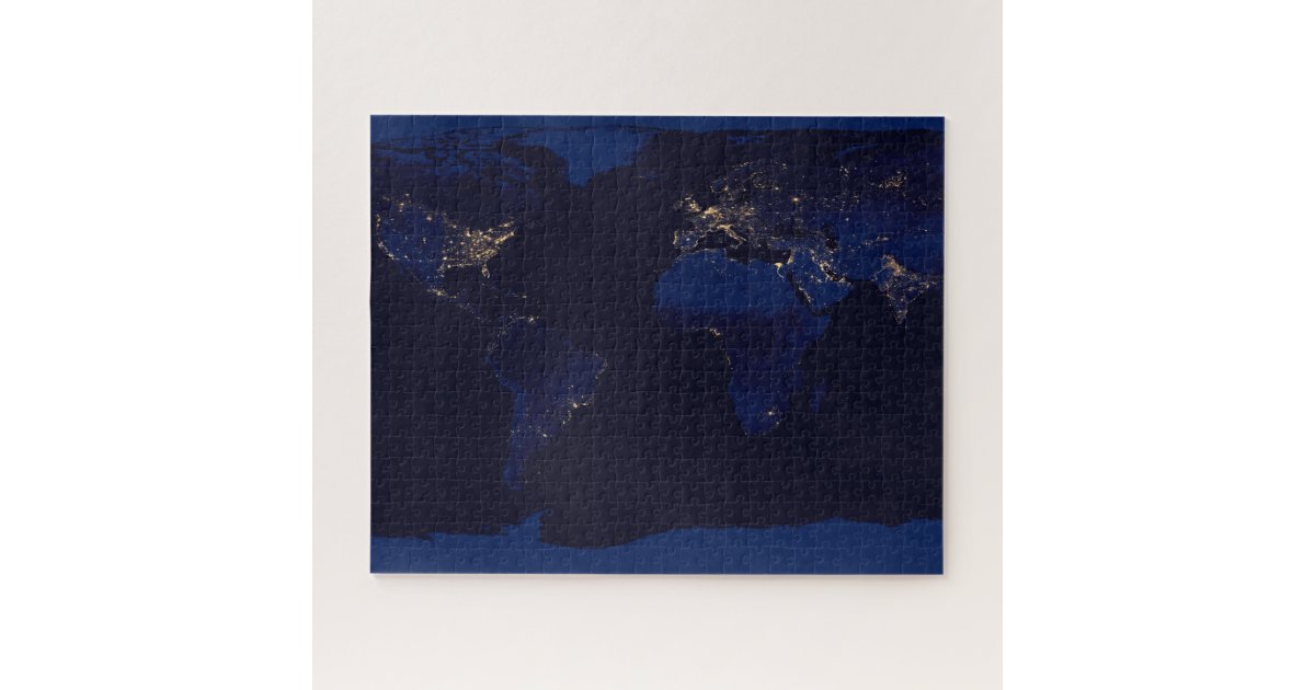 Flat Map Of Earth Showing City Lights Of World Jigsaw Puzzle | Zazzle