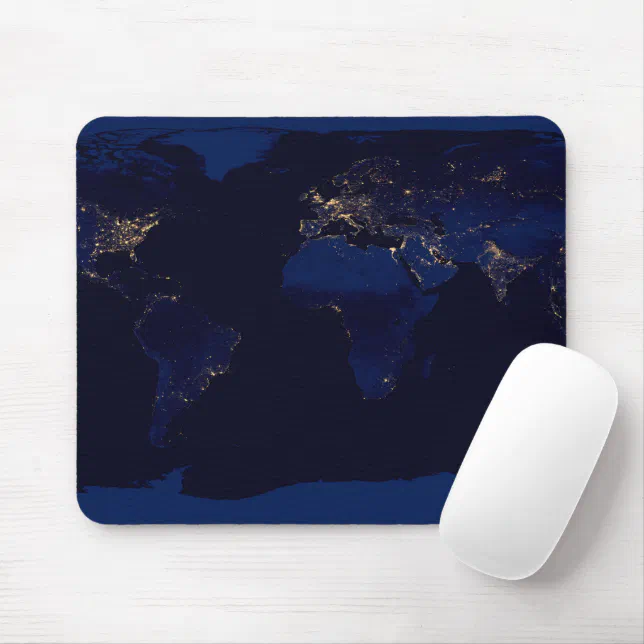 Flat Map Of Earth Showing City Lights Of World Mouse Pad | Zazzle