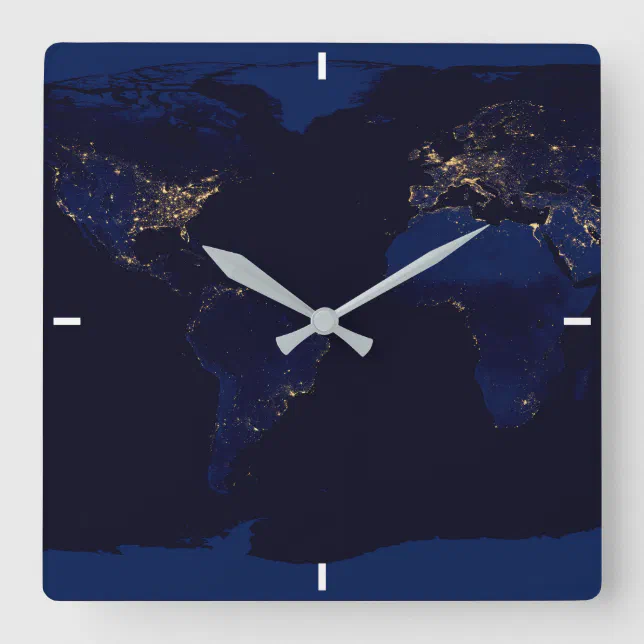 Flat Map Of Earth Showing City Lights Of World Square Wall Clock | Zazzle