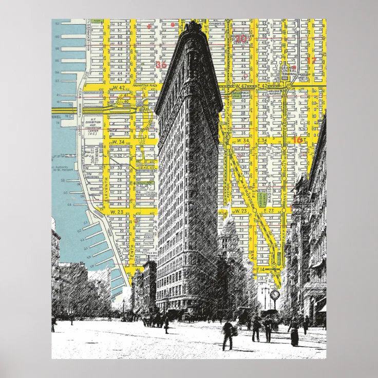 Flatiron Building vintage landmark NYC Map backgr Poster | Zazzle