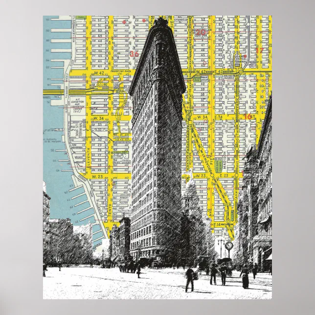 Flatiron Building vintage landmark NYC Map backgr Poster | Zazzle