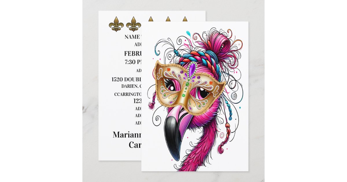Flaunty Flamingo Mardi Gras Invitation | Zazzle