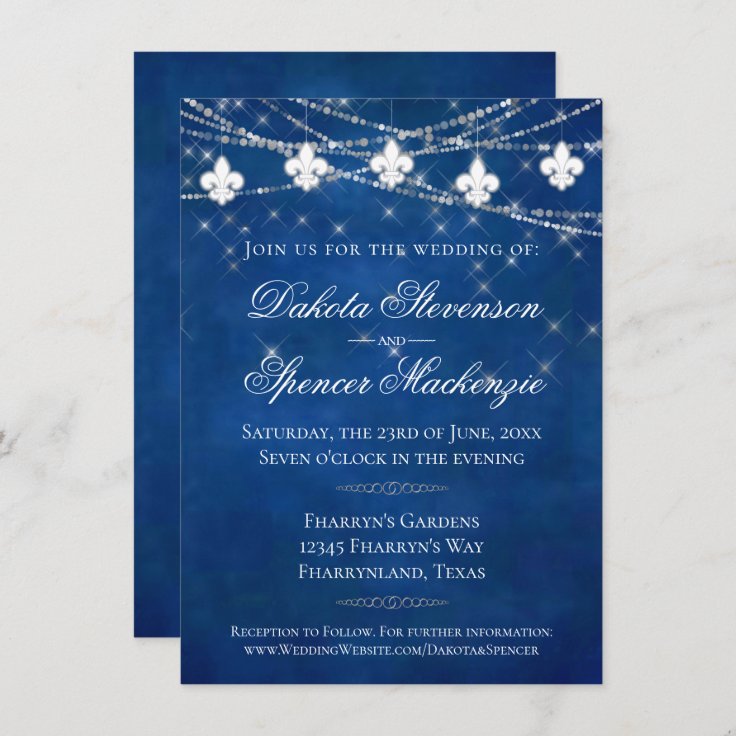 Fleur De Lis Classic Blue Lights Jewel Wedding Invitation Zazzle