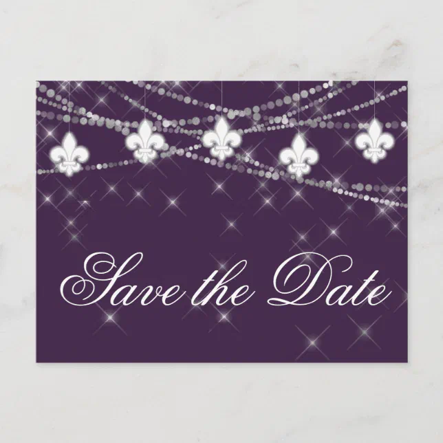 Fleur De Lis Eggplant Purple Lights Plum Wedding Announcement