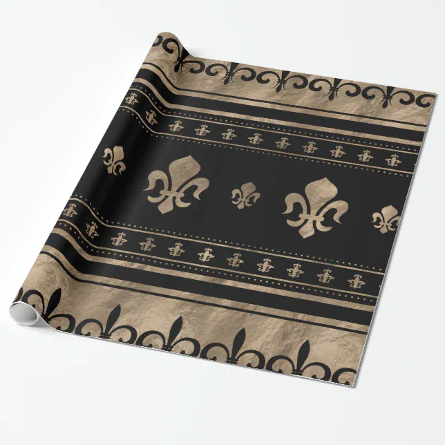Fleur-de-lis Luxury ornament - black and gold Wrapping Paper | Zazzle