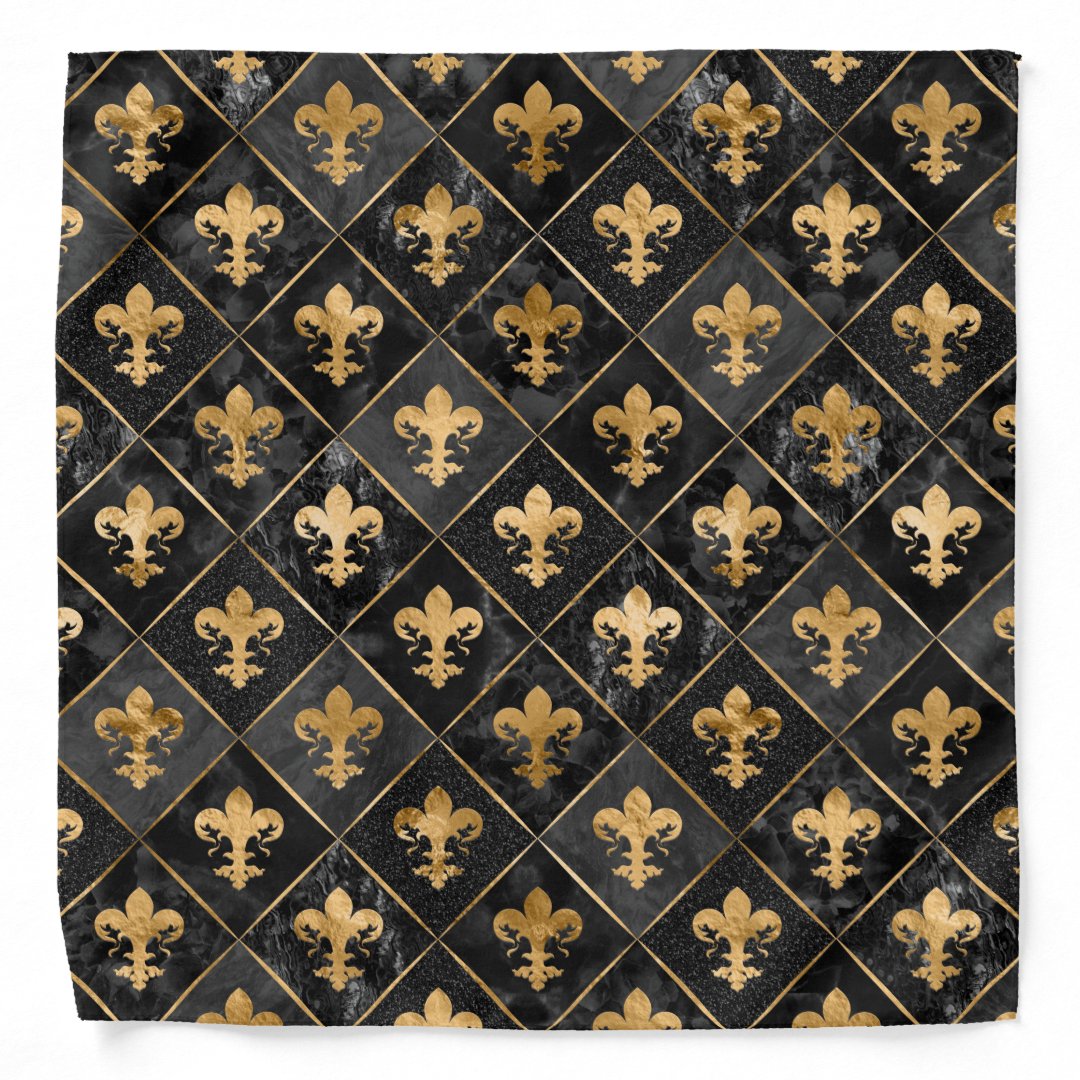 Fleur-de-lis pattern Black Marble and Gold Bandana | Zazzle