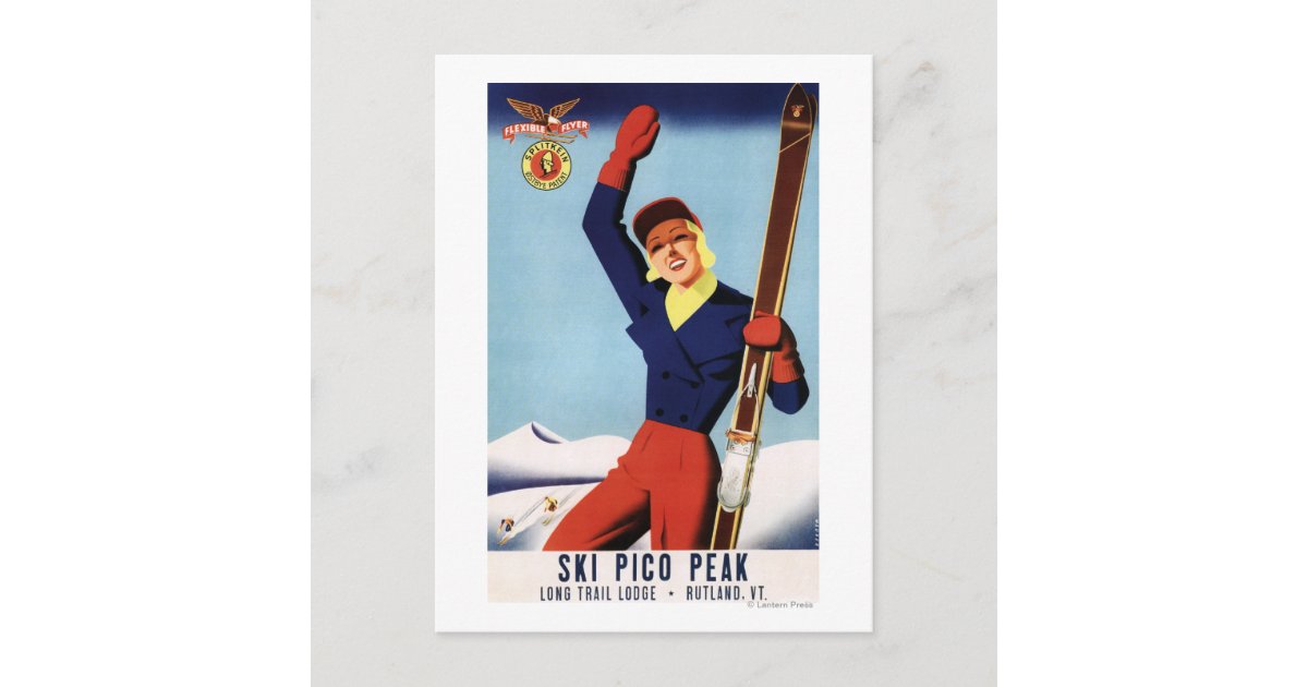 Flexible Flyer Pin-Up Skiing Girl Postcard | Zazzle