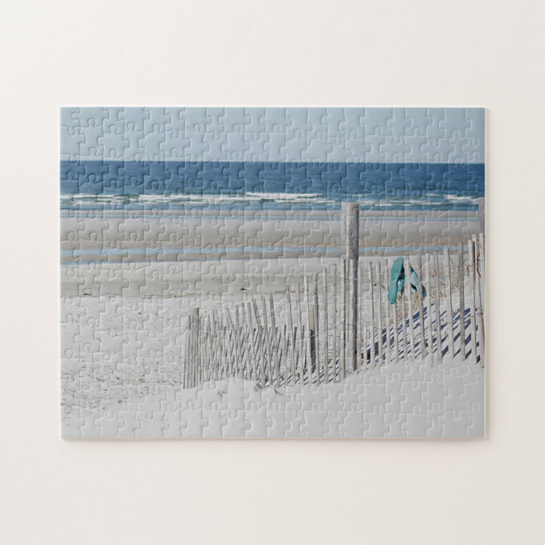 Flip flops on the beach fence jigsaw puzzle | Zazzle