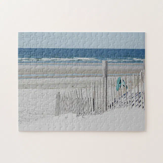 Flip flops on the beach fence jigsaw puzzle | Zazzle