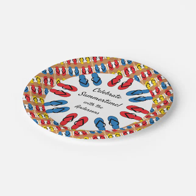 Flip Flops Primary Stripe Summer Party Personalize Paper Plates | Zazzle