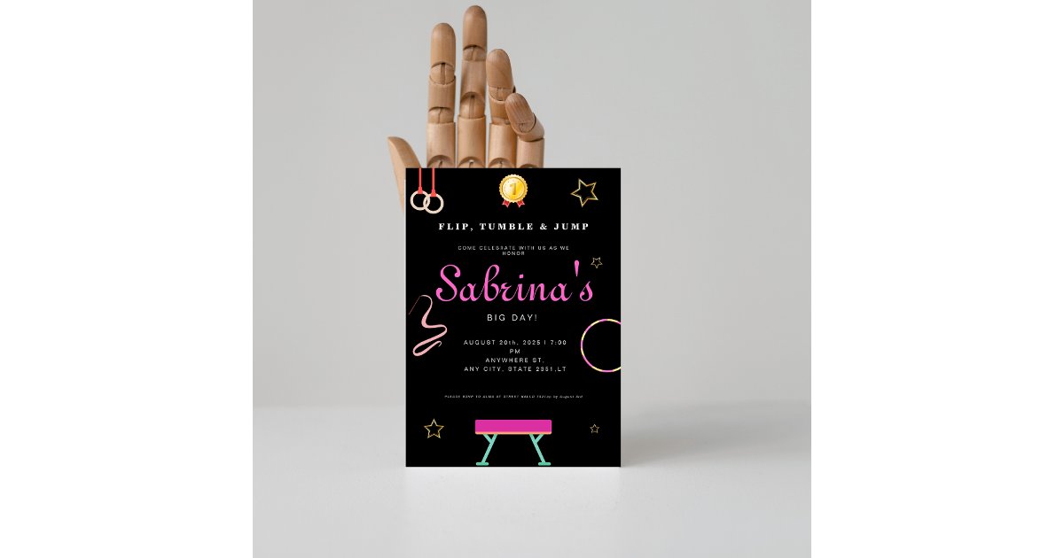 Flip tumble & jump Gymnastics girl Birthday Party Invitation | Zazzle