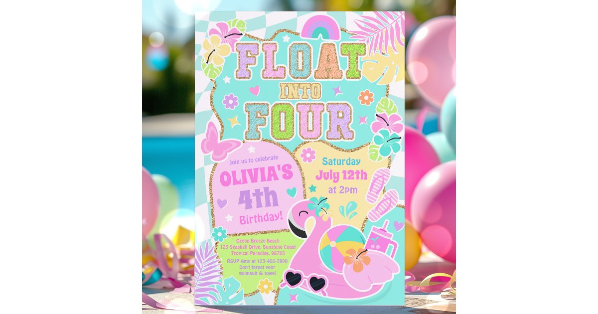 Float Into Four Varsity Preppy Girl 4th Birthday Invitation | Zazzle