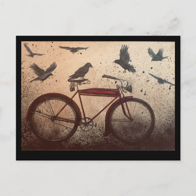 Flock of crows on a vintage red bike postcard | Zazzle