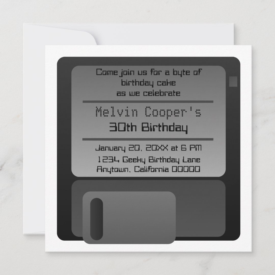 Floppy Disc Geek Birthday Party Invite, Gray Invitation | Zazzle