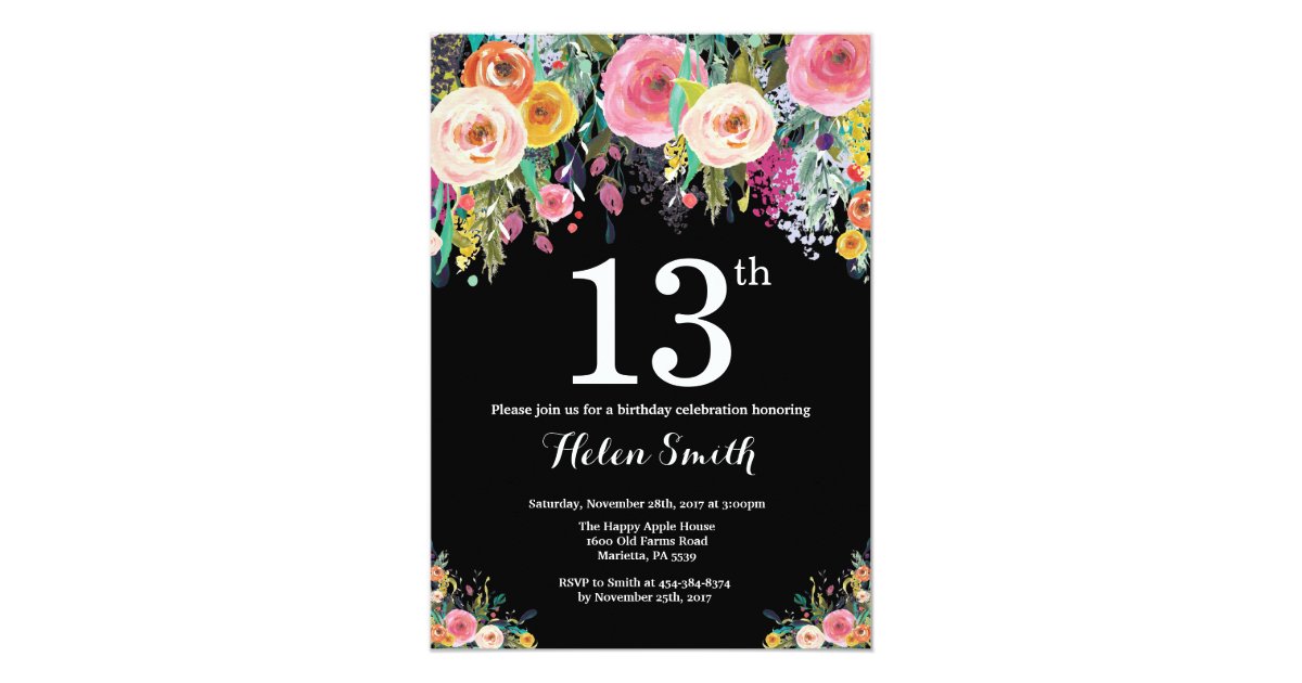 Floral 13th Birthday Invitation | Zazzle.com