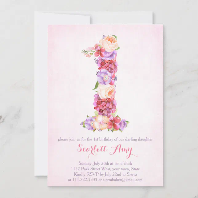 floral 1st birthday invitation cards with Number 1 | Zazzle